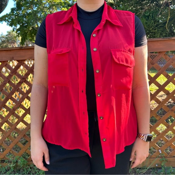 Vintage | Tops | Vintage 9s Early 2000 Red Sheer Sleeveless Button Down ...